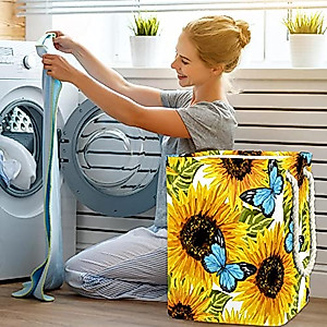 Inhomer Hand Painted Sunflowers Blue Butterfly Large Laundry Hamper Waterproof Collapsible Clothes Hamper Basket for Clothing Toy Organizer, Home Decor for Bedroom Bathroom