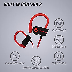 Volkano Wireless Workout Earphones, Wireless Headphones Workout with Over Ear Hook for Running, Rechargeable Earbuds 3HR Playback & Micro USB Charger, Inline Button Control [Red/Black] - Race Series