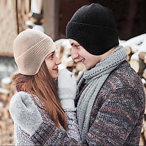 Arcweg Knit Beanie Hats Winter Men Women Warm Knit Earflap Hat Stretchy Windproof Knit Skull Cap for Winter Outdoor Black