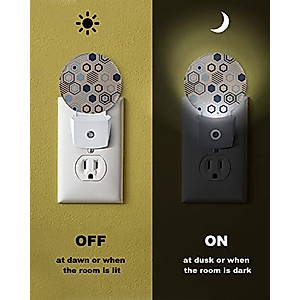 ILYBEEN Minimalist Geometric Blue Hexagon LED Night Lights Plug-in Nightlight with Auto Dusk to Dawn Sensor,Stripe on Burlap Linen Texture Round Lamp for Bedroom,Hallway,Bathroom