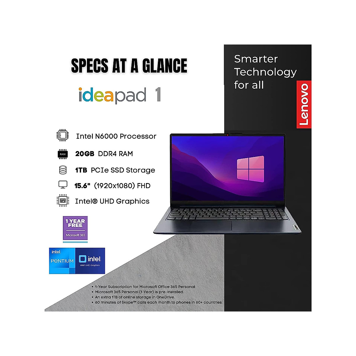 Lenovo 2022 IdeaPad 1 15.6" FHD Laptop, Intel Pentium Silver N6000 Processor, 20GB RAM, 1TB PCIe SSD, 720P HD Webcam, Dolby Audio, Blue, Win 11, 32GB Hotface USB Card (Renewed)