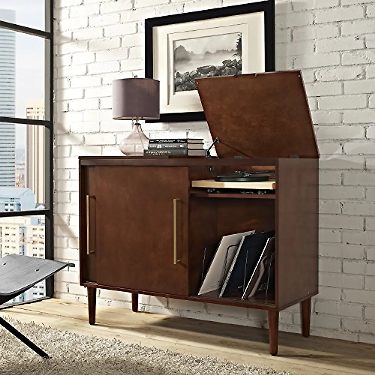 Crosley Furniture Everett Media Console and Record Player Stand with Storage for Vinyl Records, Mahogany