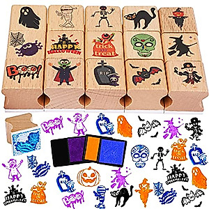 HOWAF 16pcs Halloween Stamps for Kids Crafts with Ink Pad 4pcs, Wooden Stamps for Kids Halloween DIY Scrapbooking Card Making, Halloween Party Bag Fillers for Kids Halloween Party Favor Gift