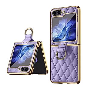 Soyeacrg Case for Samsung Galaxy Z Flip 5, Luxury Gold Plated Frame Quilted Leather Ultra Thin Folding Women Case with Ring Holder Camera Lens Protection Film for Samsung Z Flip 5 2023,Purple
