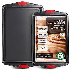 Baking Sheet Set, 2-Piece Cookie Sheet Set with Silicone Handles, Steel Baking Pan, Durable Baking Sheets for Oven, BPA Free Cookie Sheets for Baking Nonstick Set, Premium Sheet Pan, Black Baking Tray