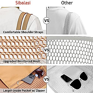 Sibalasi Beach Mesh Tote Bag With Zipper Casual Tote Bag Hobo Women Foldable Shoulder Bag For Beach Picnic Vacation (Khaki)