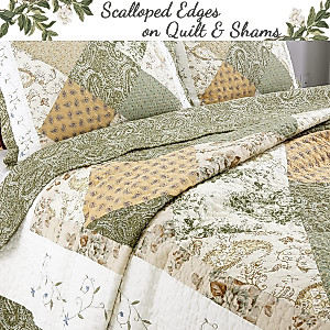 Cozy Line Home Fashions Floral Real Patchwork Green Beige Khaki Yellow Scalloped Edge Country 100% Cotton Quilt Bedding Set, Reversible Coverlet Bedspread (Laura, Twin - 2 Piece)