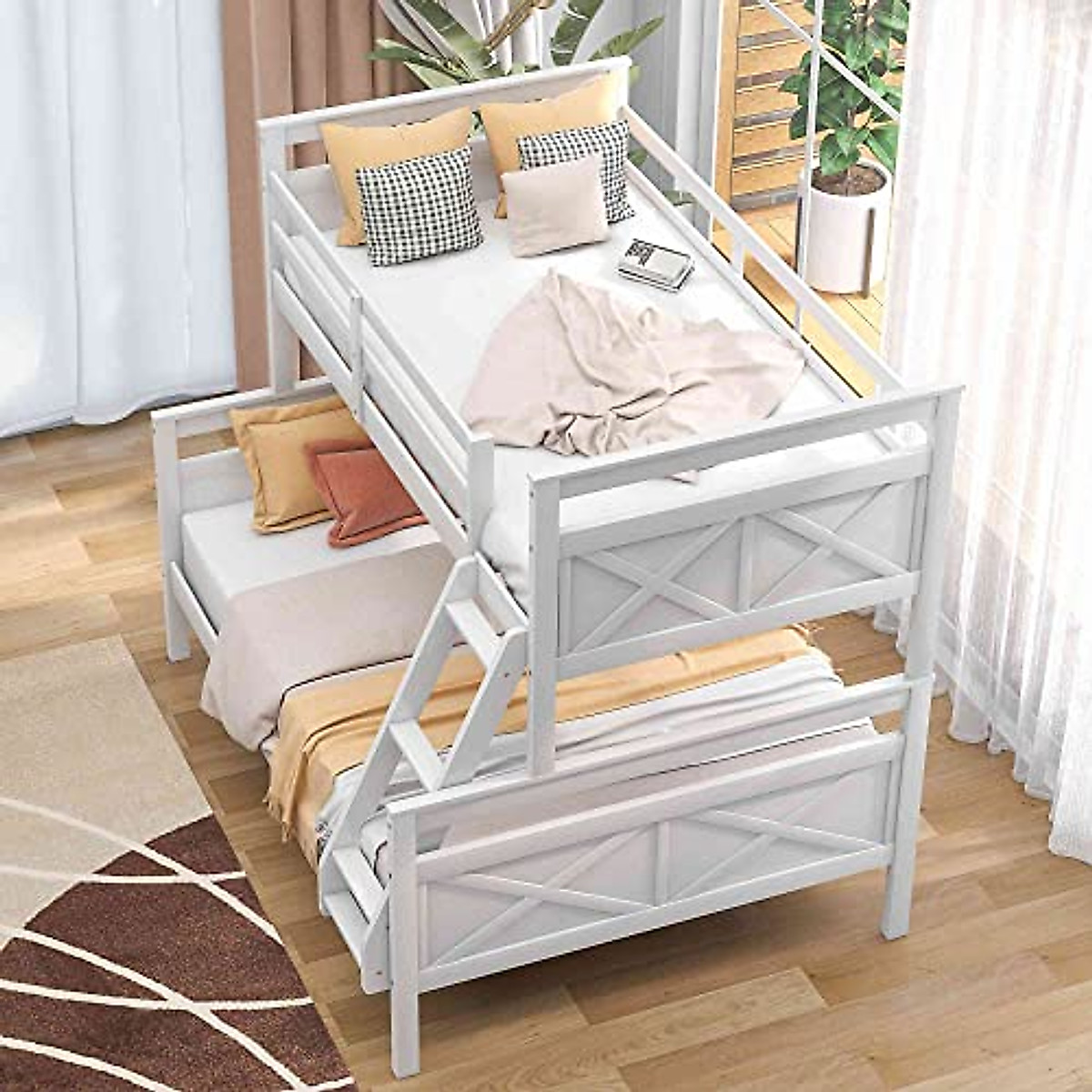 Cotoala Twin Over Full Solid Wood Bunk Bed with Ladder, Safety Guardrail, No Box Spring Need, Perfect for Bedroom Kids, Adults