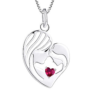 YL Mother and Daughter Necklace 925 Sterling Silver Mum Hold Child Heart Pendant Created Ruby Necklace Gifts for Moms