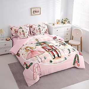 Erosebridal Pink Christmas Bed in A Bag with Sheets Full Plaid Nutcracker 7 Piece Comforter Set Christmas Nutcracker Bedding Set for Kids Girls Adults,Winter Xmas Holiday Bedding Comforter Sets