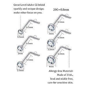 Uzgtvy 20G Nose Rings Studs for Women 316l Stainless Surgical Steel Silver L Shaped Bend Hypoerallgenic Diamond Nose Nostril Ring Body Piercing Jewelry for Women Men 1.5mm 2mm 2.5mm 3mm 3.5mm 4mm
