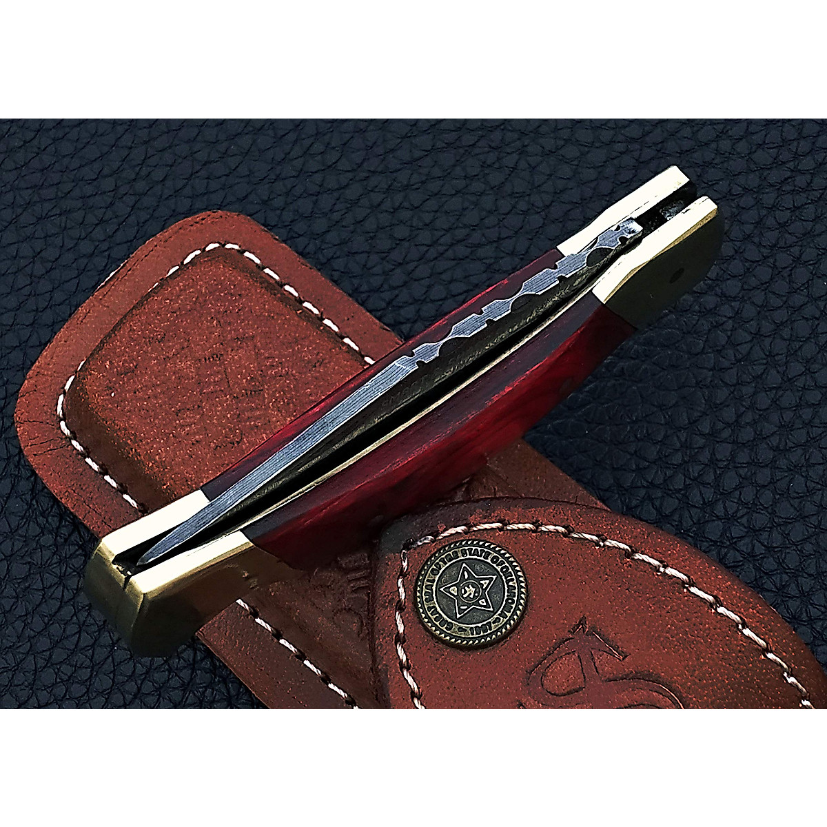 Smart & Sharp Custom Handmade Damascus Steel Folding Knife/Pocket Knife AR-17394 (Red Colored wood) (Red)