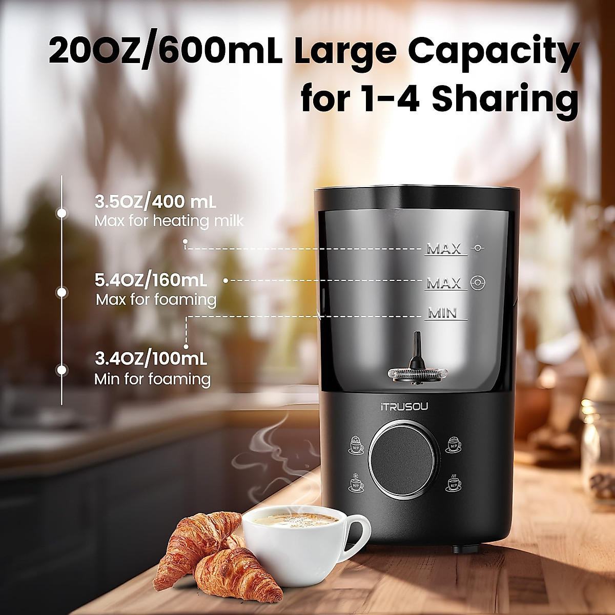 iTRUSOU Milk Frother and Steamer, 8-in-1 Electric milk frother, Automatic Hot and Cold Foam Maker for Coffee, Stainless Steel Milk Warmer Dishwasher Safe (Black)