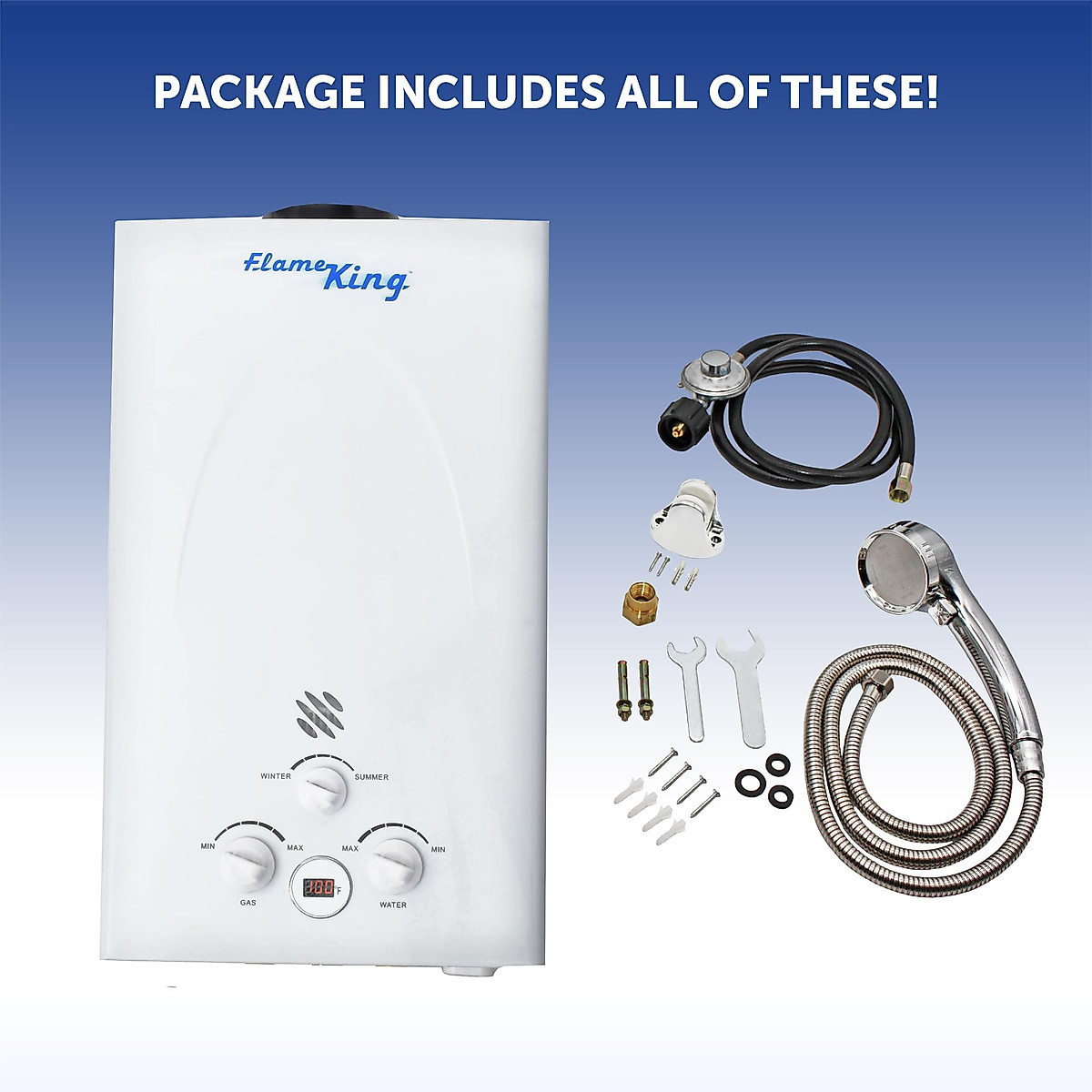 Flame King Portable Tankless Water Heater Propane Gas 10L 2.64 GPM at 68,000 BTU, Outdoor Instant Hot Water Shower for RV, Camping, Farm, Cabins