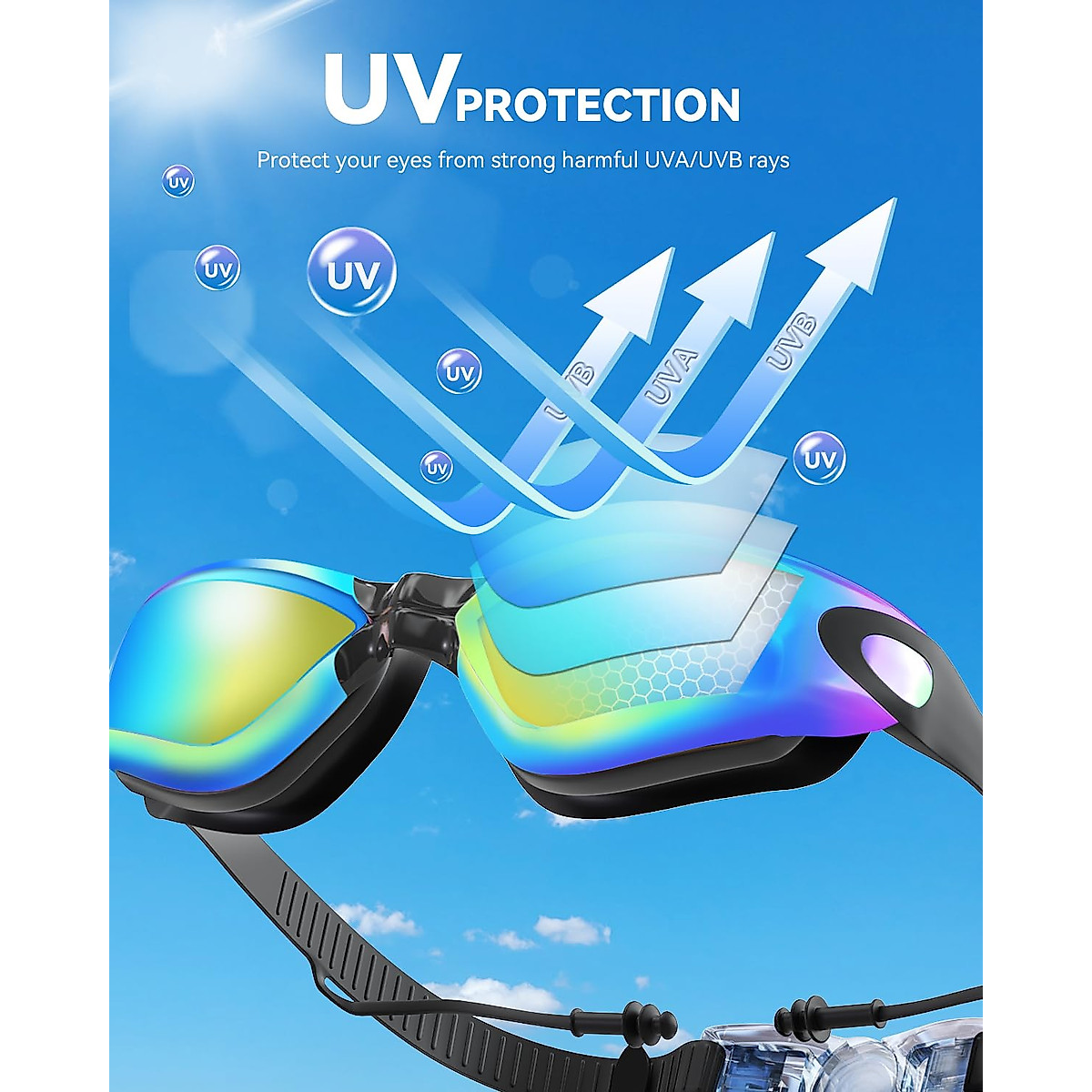 POOLWALD Swim Goggles Set 6 in 1, Anti-Fog Swimming Goggles with Nose Clips, Earplugs, Swim Caps and Waterproof Phone Bag, No Leaking Full Protection for Adult Men Women Youth