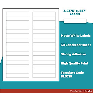Premium Label Supply White File Folder Labels – 3.4375" x .667" – Laser/Inkjet Compatible – (30 Labels/Sheet) 25 Sheets – 750 Total Adhesive Labels