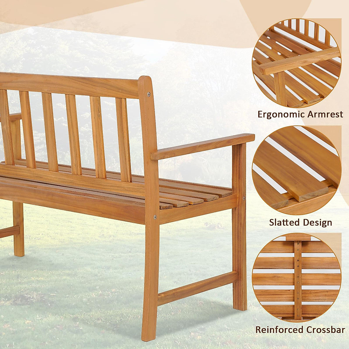 Tangkula Outdoor Acacia Wood Bench, 2-Person Garden Bench with Backrest and Armrests, Garden Bench with Slatted Seat for Porch, Park, Backyard, 800 Lbs Max Load, 48” L x 22” W x 34” H, Natural