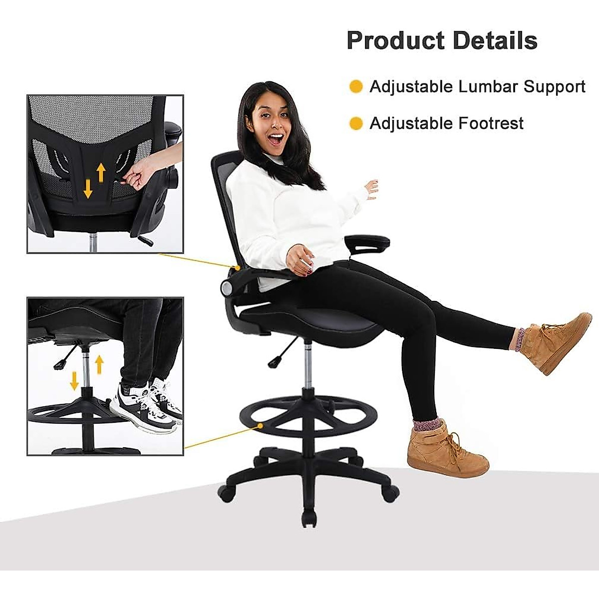 Drafting Chair Ergonomic Tall Office Chair Standing Desk Chair with Flip Up Arms Foot Rest Back Support Adjustable Height Mesh Drafting Stool, Black