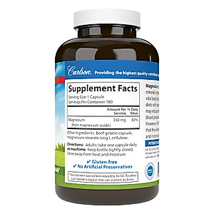 Carlson - Magnesium, 350 mg, Cardiovascular Support, Muscle Function & Nerve Health, 180 capsules