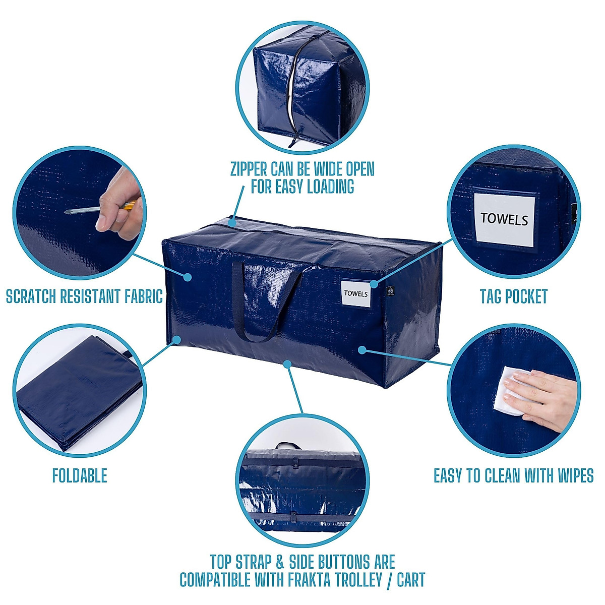 VENO Heavy Duty Extra Large Moving Bags W/ Backpack Straps Strong Handles & Zippers, Storage Totes For Space Saving, Fold Flat, Alternative to Moving Box, Made of Recycled Material (Blue - Set of 10)