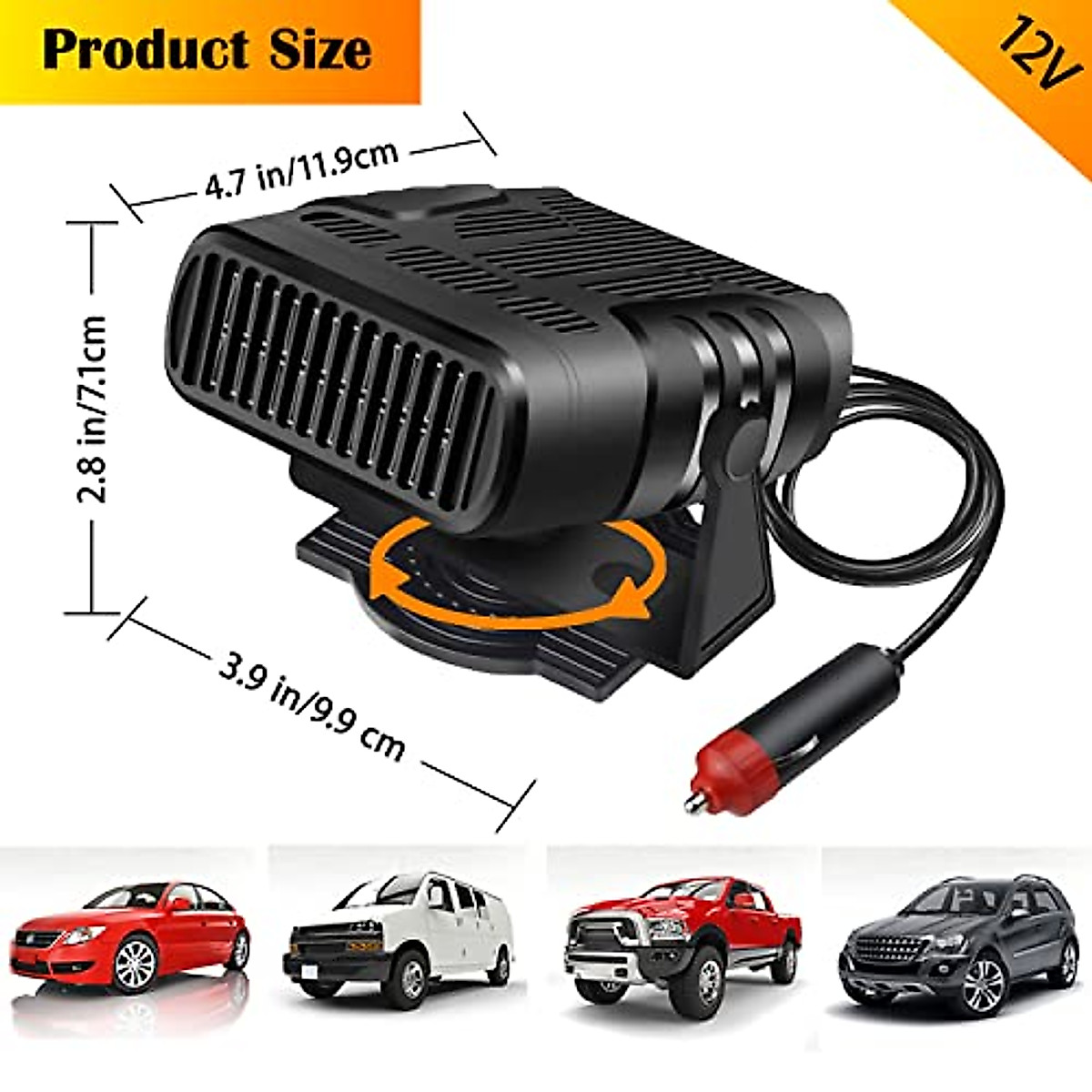 Car Heater Defroster, 12V 120W Auto Defogger 360° Rotatable Fast Heating Quickly Defrost 2 in 1 Auto Car Windshield Portable Heater Cooling Fan
