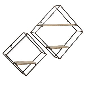 Deco 79 Metal Diamond 3 Shelves Wall Shelf, Set of 2 12", 16"H, Black