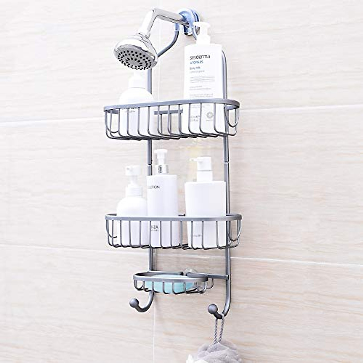 Lycklig Rust-Proof Shower Caddy over Shower Head Aluminum Shower Caddy, Hanging Shower Caddy with Extra Basket for Soap and 2 Hooks for Bath Loofah, Gray