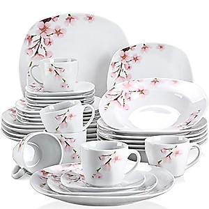 VEWEET, Series Annie, 30-Piece Porcelain Dinnerware Set with Pink Floral Pattern, White Plates and Bowls Sets including Dinner Plates, Dessert Plates, Soup Plates Set, Cups & Saucers, Dishes Set for 6