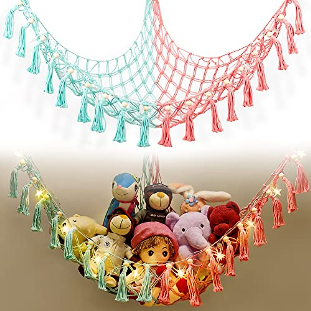 Stuffed Animal Net or Hammock with LED Light, Hanging Corner Storage Net for Wall, Toy Net Hammock Stuffed Animals Holder with Woven Tassels for Nursery Play Room Kids Bedroom Decor