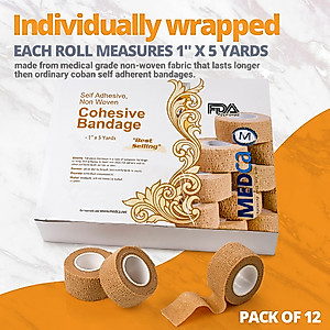Self Adhesive Bandages - 1" x 5 Yards Per Roll - Pack of 12 Rolls, Elastic Self Adherent Cohesive Wrap First Aid Tape for Sprain Swelling and Soreness on Wrist and Ankle