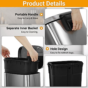 BLKMTY Trash Can Kitchen Trash Can with Lid for Office Bathroom Garbage Bin Step Trash Bin Pedal Trash Can Stainless Steel Garbage Can with Removable Inner Bucket Tall 10 Gallon/45L Rubbish Bin