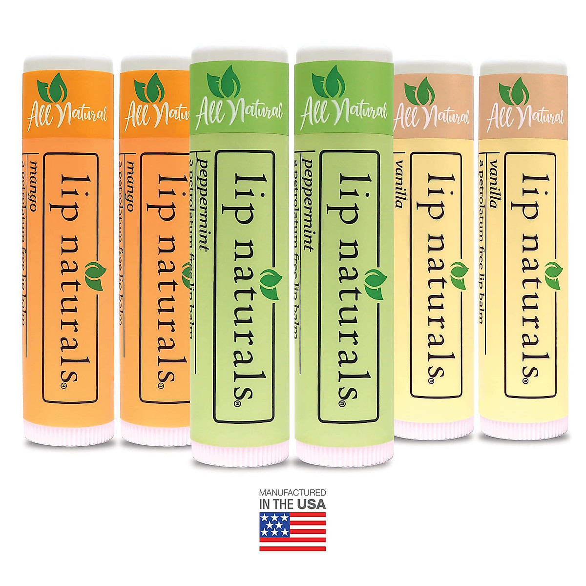 Lip Naturals® All Natural Lip Balm in a 6-Count Variety Pack: Mango, Peppermint, and Vanilla Flavors
