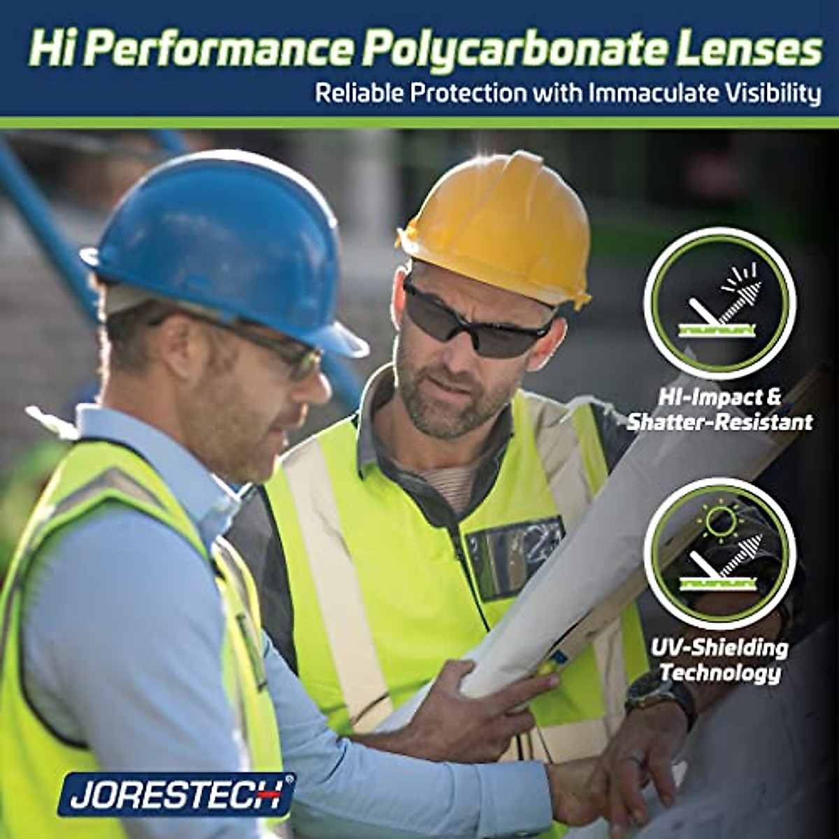 JORESTECH Safety Eyewear, ANSI Z87+ Impact Resistant Polycarbonated Eye Protection Safety Glasses, Black Frame with Smoke Lenses, pack of 12