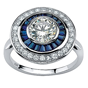 PalmBeach Platinum-Plated Sterling Silver Round Cubic Zirconia and Baguette Blue Sapphire or Green Emerald Art Deco Circle Ring Size 8