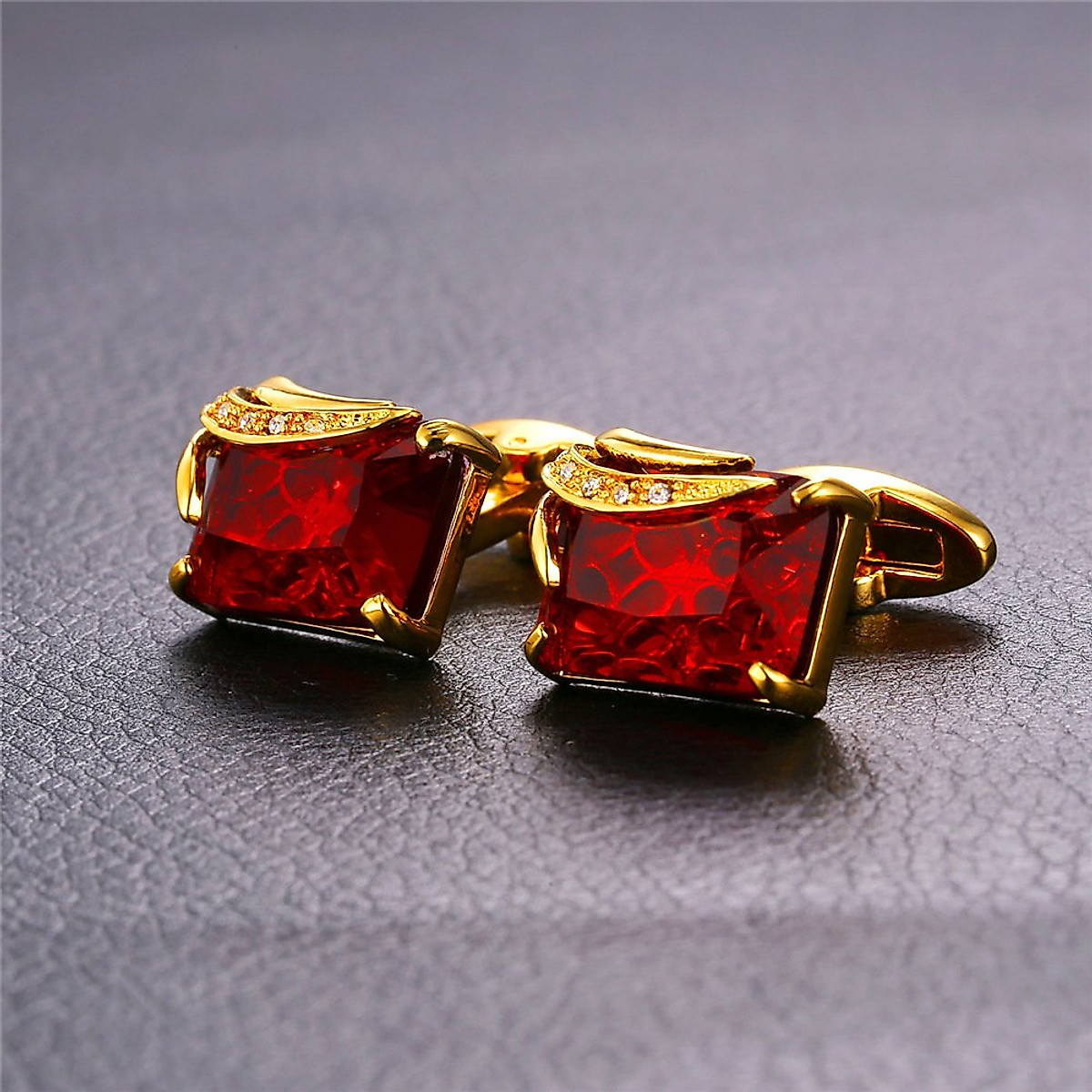 Ruby Shiny Crystal Cufflinks Elegant Style Women Men 18K Gold Plated Fancy Stone Cuff Links