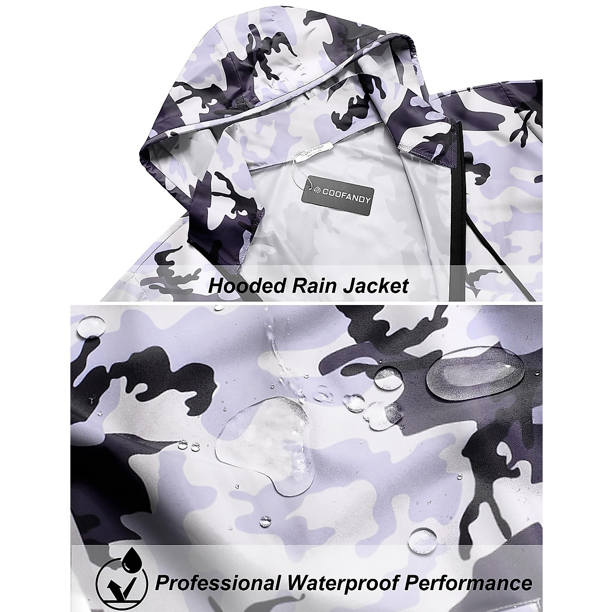 COOFANDY Rain Coats for Men Packable Rain Jacket Waterproof Rain Coat Breathable Rainproof Jacket Camo Small