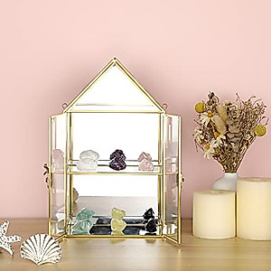 ELLDOO 2 Tier Clear Glass Storage Box, Gold Mirrored Jewelry Makeup Display Organizer Case, Decorative Tower box Storage for Trinket Perfume Lipstick Figure Statue Toy Display, House Shape