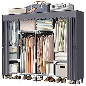 LOKEME Portable Closet, 67 Inch Wardrobe Closet for Hanging Clothes with 4 Hanging Rods, 25mm Steel Tube Clothes Storage Organizer for Extra Sturdy, Quick and Easy to Assembly, Gray Cover