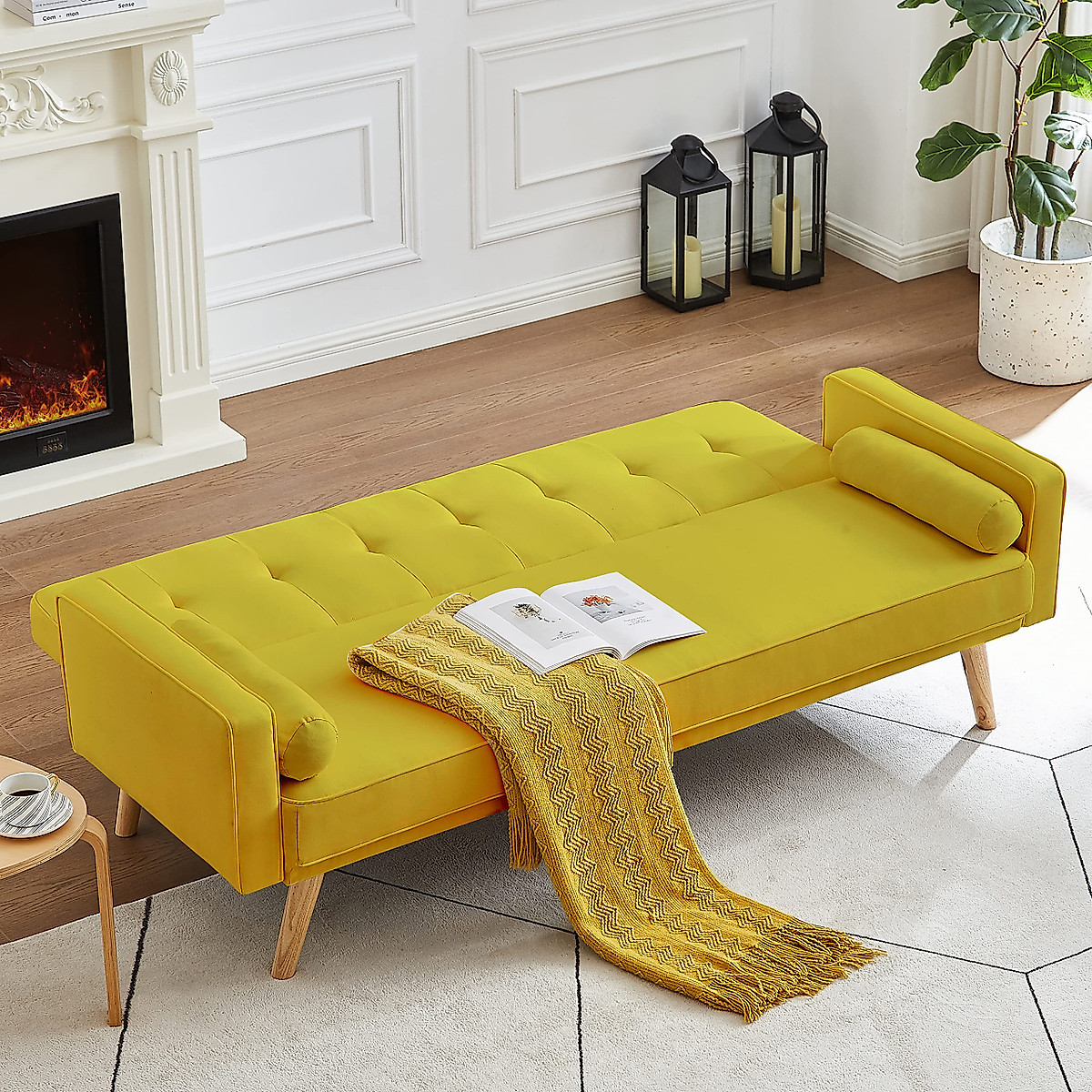 MWrouqfur Modern Fabric Sofa Bed Futon,Convertible Sleeper Loveseat with 2 Pillows and Armrests,75" Folding Recliner Couch Bed with Solid Wood Legs for Living Room Apartments Office (Yellow-New)