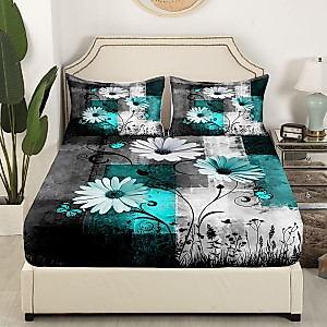Flowers Geometric Full Size Fitted Sheet,Green Grey Black Square Print Soft Luxury Bedding Set,3D Floral Abstract Art Graffiti Bed Cover All Round Elastic Pocket with 2 Pillowcases