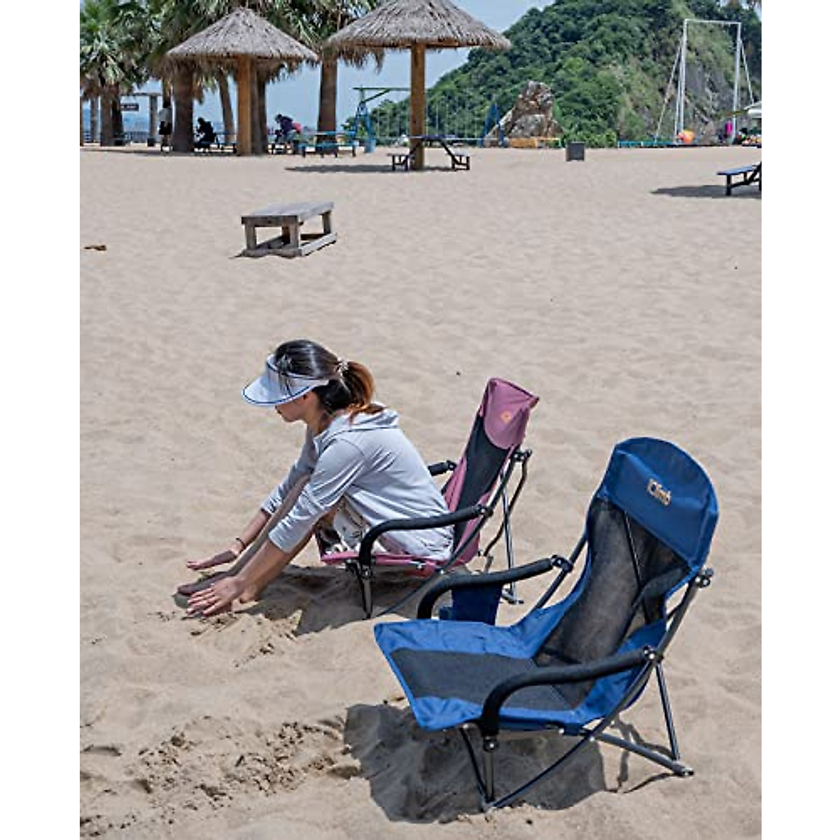 iClimb Low Wide Beach Camping Folding Chair with Side Pocket and Carry Bag (1, Navy)