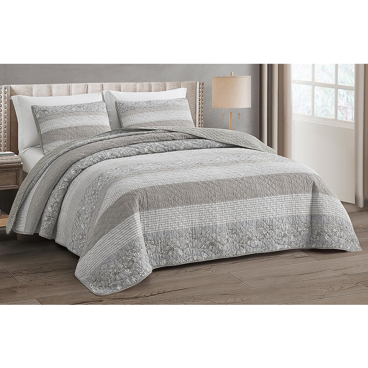 Chezmoi Collection Robyn 3-Piece Neutral Taupe Gray White Floral Hibiscus Flower Patchwork Striped Quilt Set - Pre-Washed Cotton Coverlet - Lightweight Reversible Bedspread, King Size