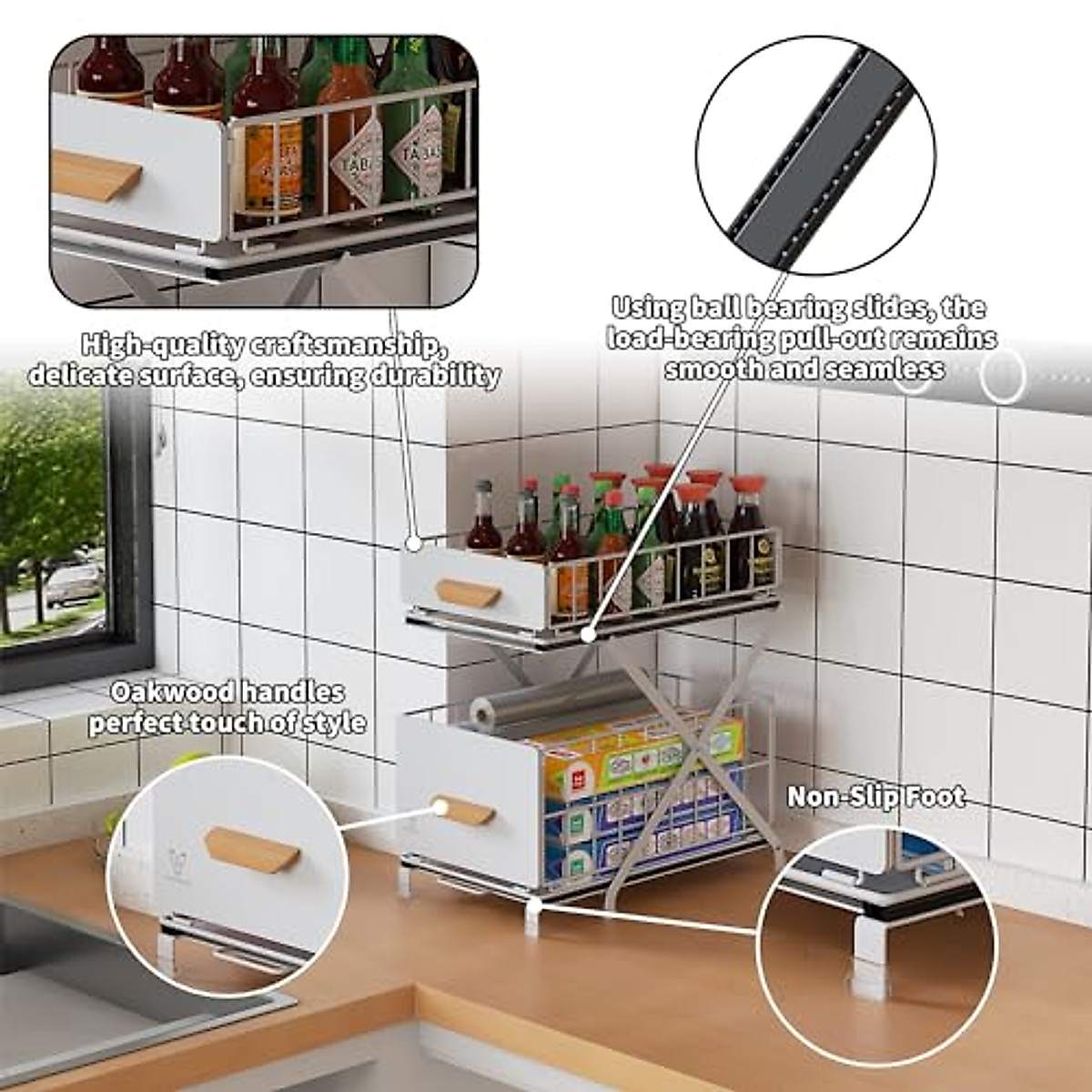 SweeTinytwo 2 Tier Under Sink Organizers and Storage, Kitchen Cabinet Pull Out Shelves with Height Adjustment (40CM Two Level Adjustment, White)