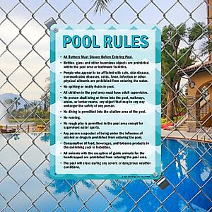 SmartSign 14 x 10 inch “Pool Rules - Shower Before Entering, Glass Prohibited, No Spitting…” Metal Sign, Screen Printed, 40 mil Laminated Rustproof Aluminum, Blue, Black and White, Made in USA