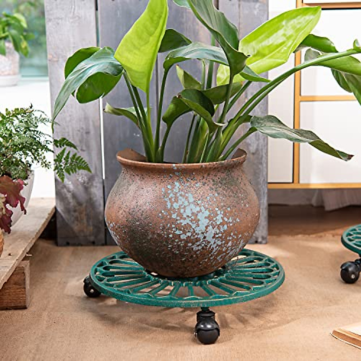 Sungmor Cast Iron Plant Caddy with Wheels, 2PC 14.8" Large & Heavy-duty Rolling Plant Stands, Pretty Garden Pots Tall Planter Dolly, Round Flower Pot Mover Metal Plant Pallet Trolley Tray with Casters