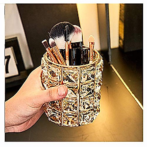 Luckymoo Crystal Beads Makeup Brush Holder Brush Pen Pencil Holder Pot Cup Pencil and Make Up Storage Cup, Round Luxurious Jewelry Rack (Golden)