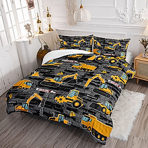 Datura home Kids Engineering Car Bedding Comforter Set Tractor Truck Printed Pattern Bedding Set with 1 Comforter and 2 Pillowcases for Boys Bedroom All Season(Truck2 Twin), Twin 68x86inches