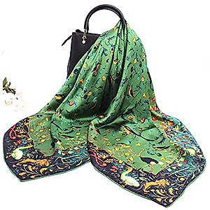 ANDANTINO 100% Pure Mulberry Silk Scarf 43" Large Square Lightweight Headscarf& Shawl–Women Hair Wraps-With Gift Packed (Jade Green-Birds)