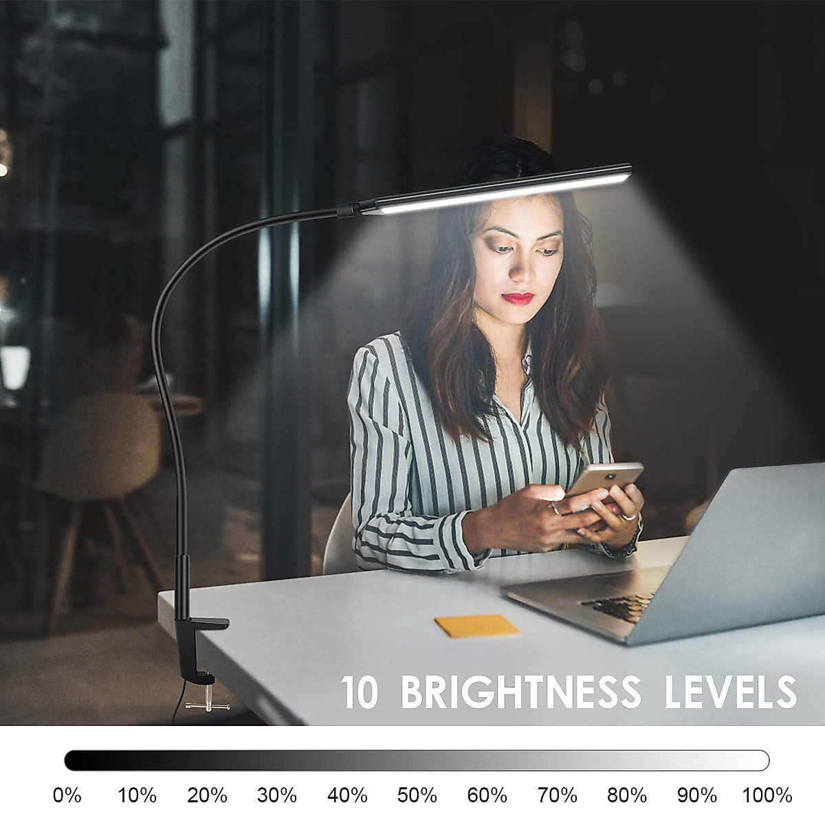 ODOM LED Desk Lamp, Swing Arm Table Lamp with Clamp, Flexible Gooseneck Reading Lights, Eye-Care Architect Task Lamp, 3 Color 10 Brightness Modes Desk Light for Home Office, Reading, Study, Dorm