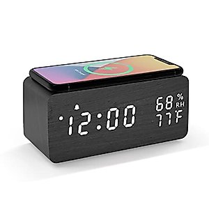 JALL Wooden Digital Alarm Clock with Wireless Charging, 3 Alarms LED Display, Sound Control and Snooze Dual for Bedroom, Bedside, Office (Black)